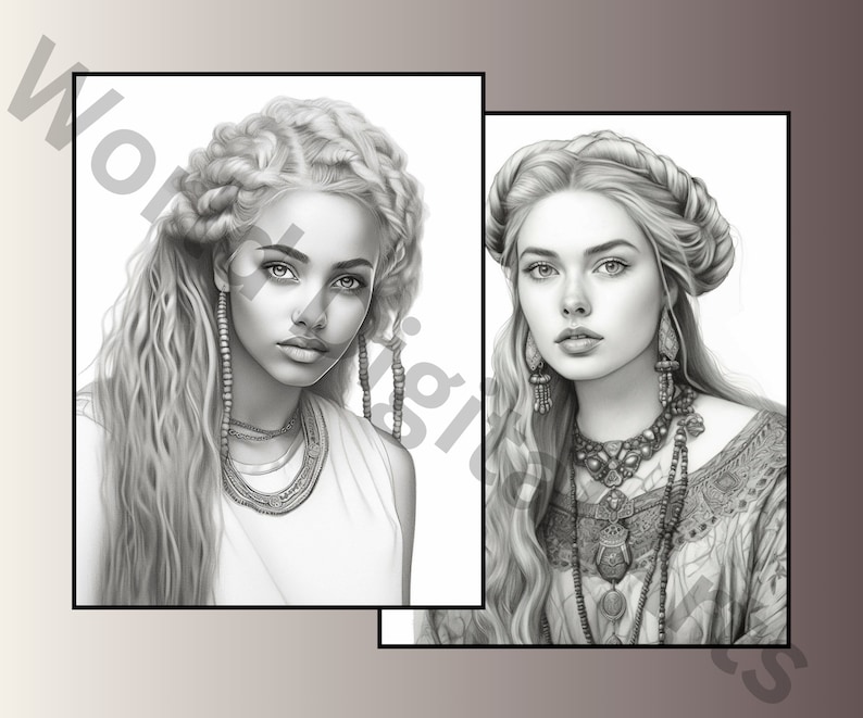 20 Braided Hairstyles Coloring Pages, Printable Hair Coloring Book, Coloring Bundle, Grayscale ...