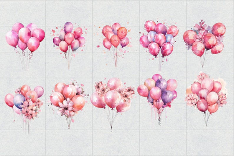 22 Watercolor Pink Balloons Clipart, Transparent Background, Floral ...