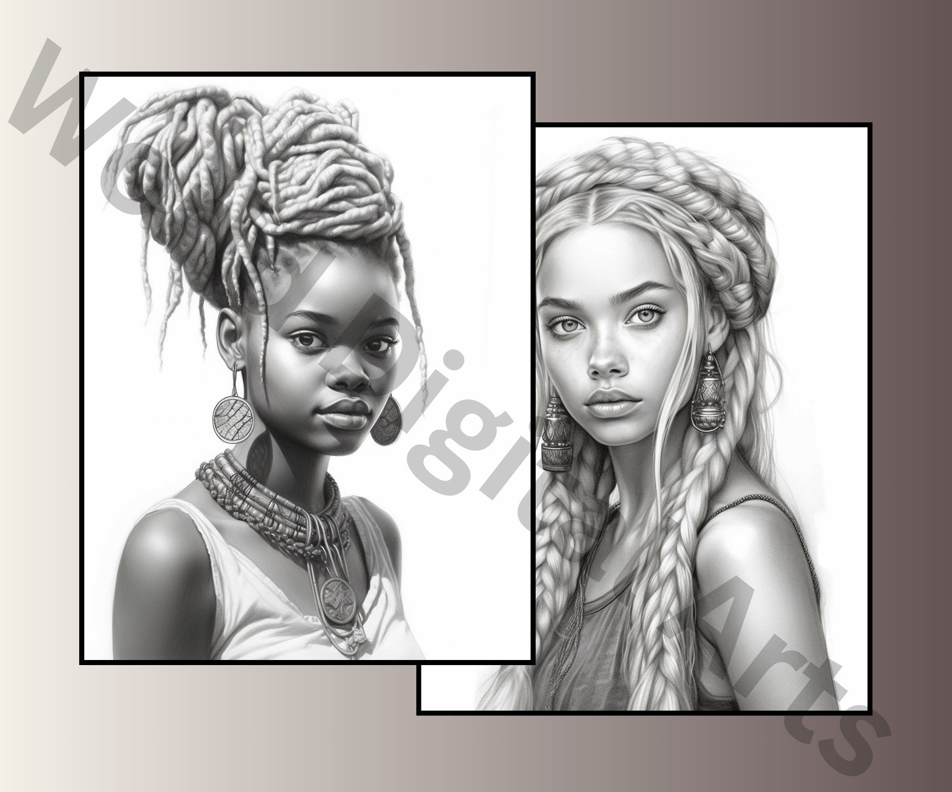 20 Braided Hairstyles Coloring Pages, Printable Hair Coloring Book, Coloring Bundle, Grayscale ...