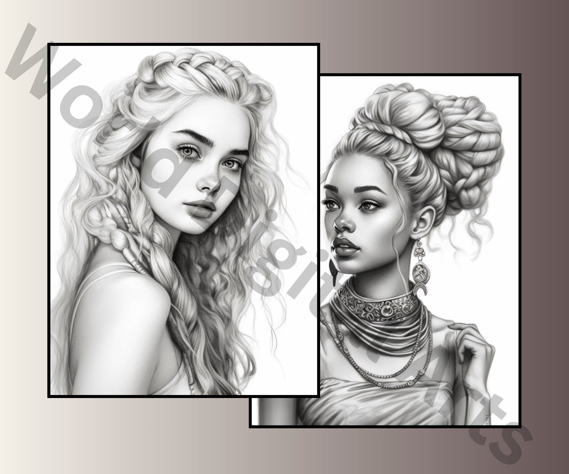 20 Braided Hairstyles Coloring Pages, Printable Hair Coloring Book, Coloring Bundle, Grayscale ...