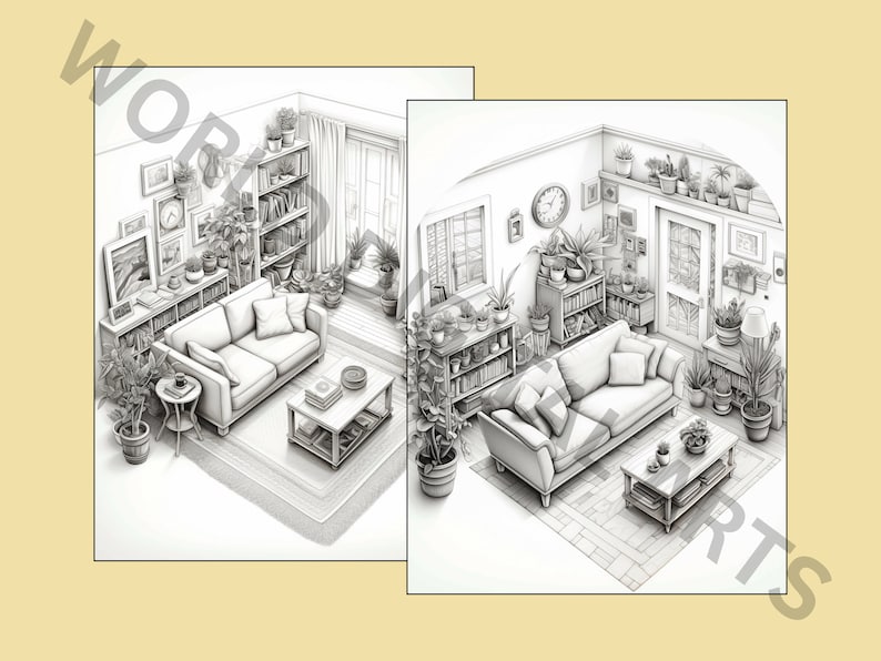 Pocket Room Coloring, Mini Room Coloring Pages, Grayscale Coloring Book ...