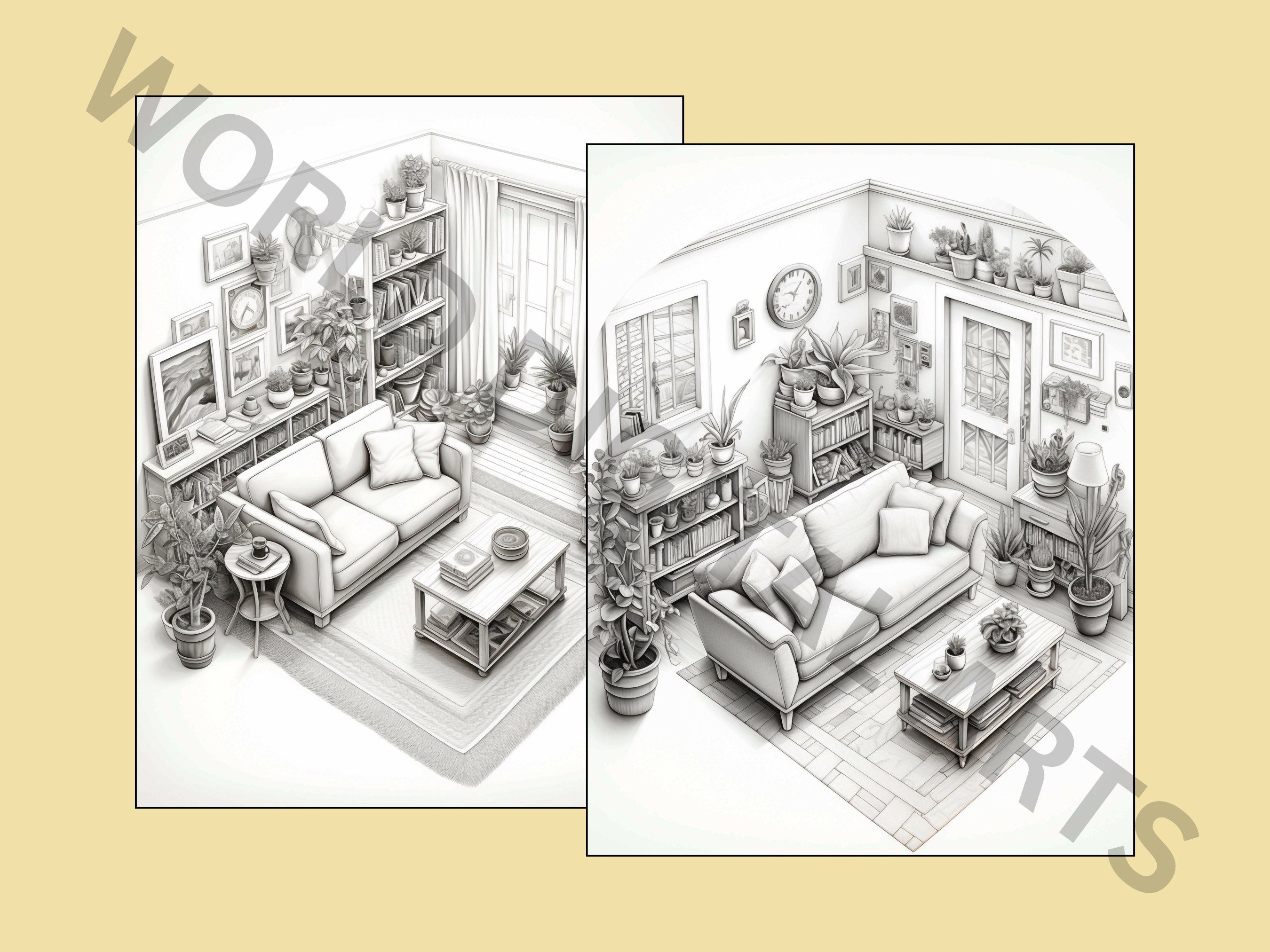 Pocket Room Coloring, Mini Room Coloring Pages, Grayscale Coloring Book ...