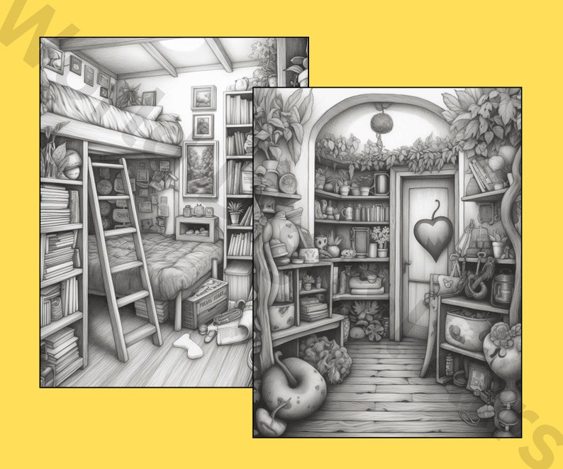 Pocket Room Coloring Mini Room Coloring Pages Grayscale - Etsy