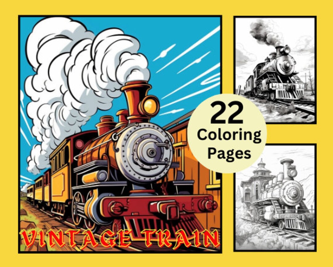 22 Vintage Trains Coloring Pages, Train Coloring Book, Grayscale ...