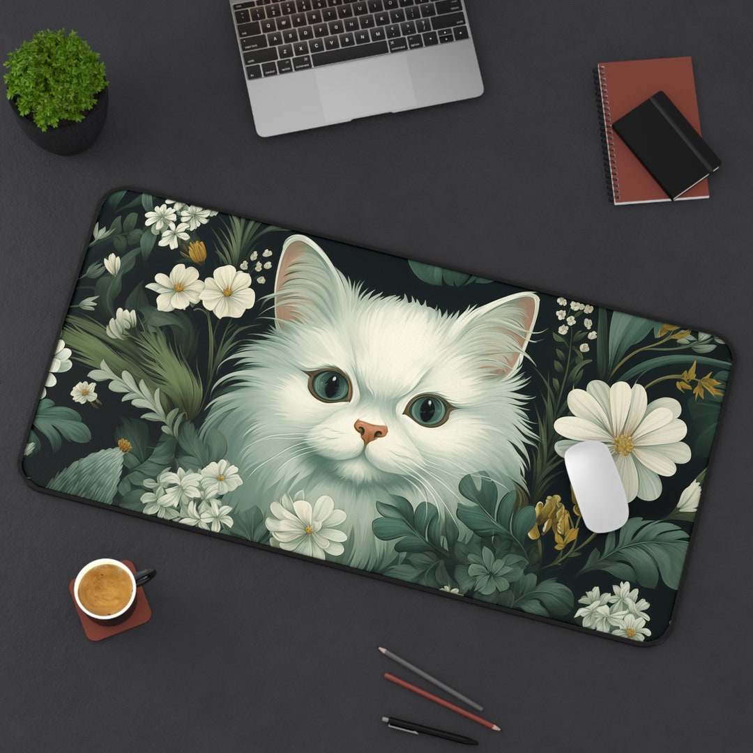 Green Cat Desk Mat, Large Office Desk Mat, Wildflower Desk Mat, Cute ...