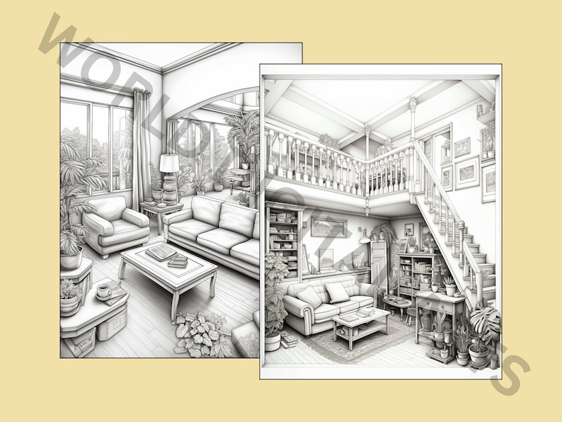 Pocket Room Coloring, Mini Room Coloring Pages, Grayscale Coloring Book ...