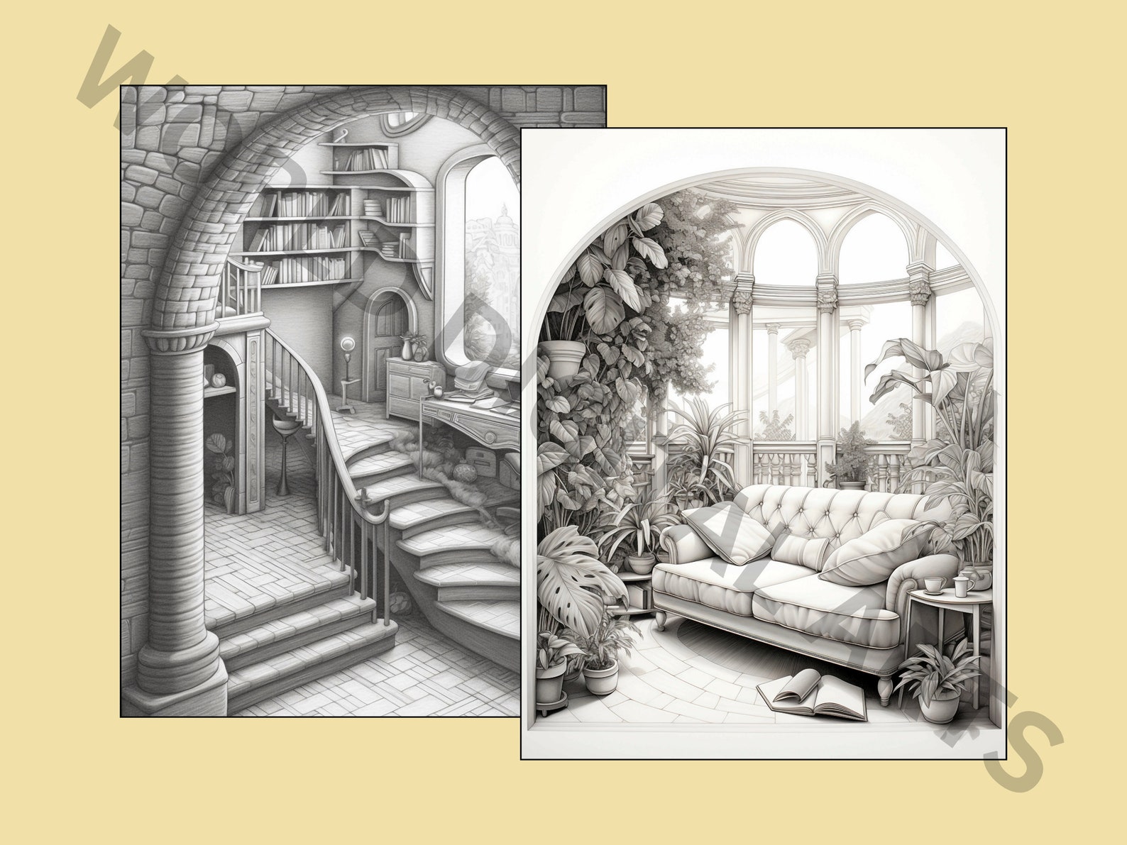 Pocket Room Coloring, Mini Room Coloring Pages, Grayscale Coloring Book ...