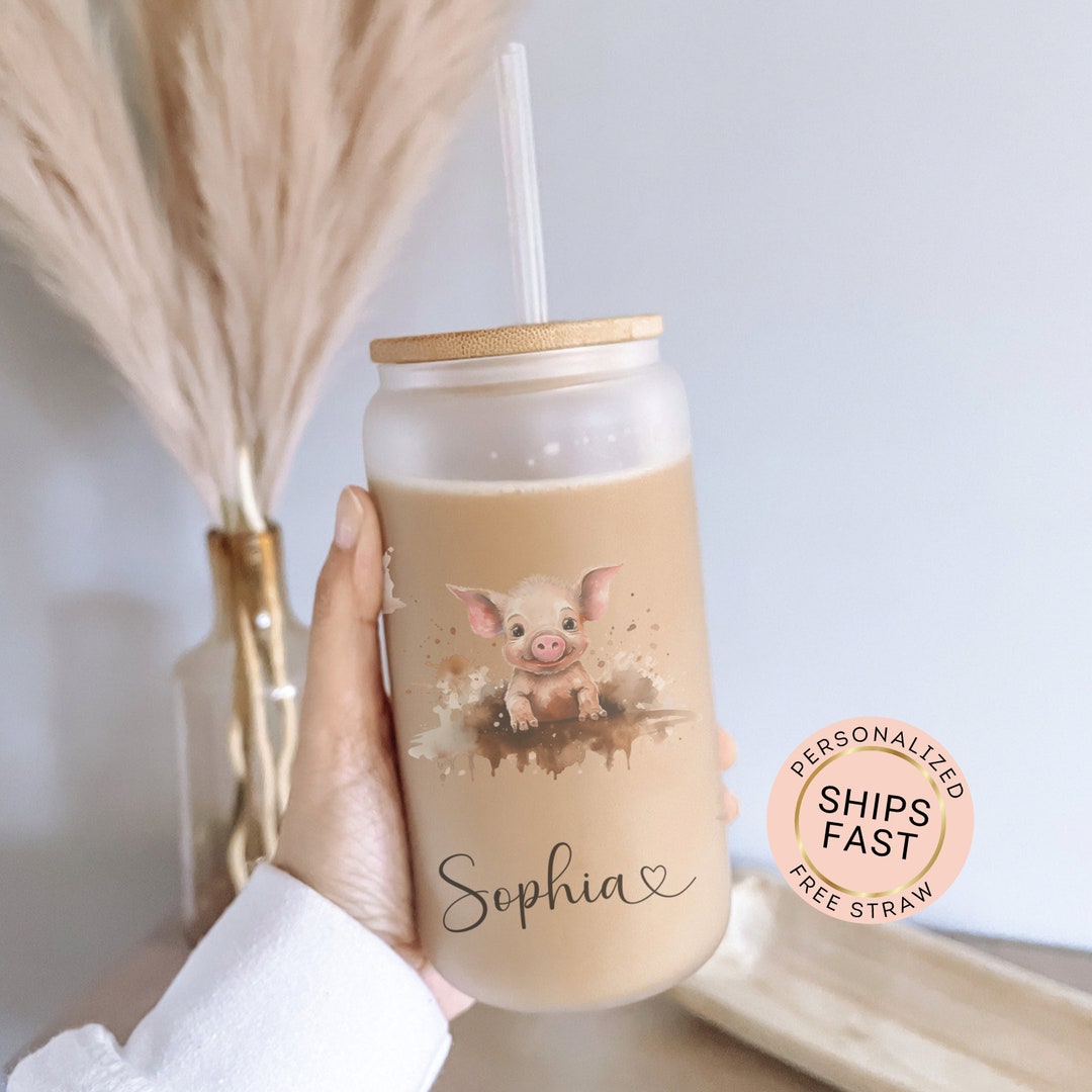 Pig Cup Personalized Piggy Custom Frosted Glass, Iced Coffee Cup, Piggy ...