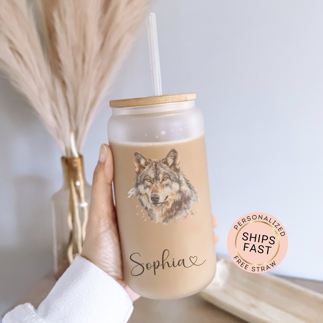 Wolf Cup Personalized Wolf Glass Cup, Custom Wolf Frosted Glass Cup ...