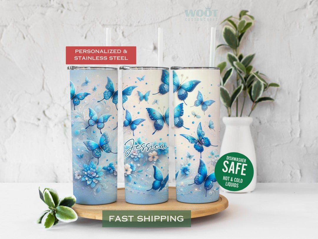 Blue Butterfly Tumbler Personalized Glitter Floral Butterfly Tumbler ...
