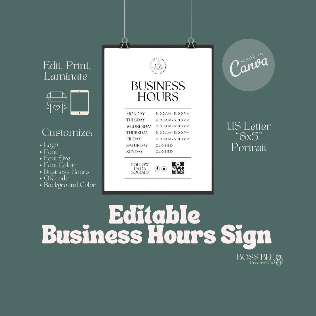 Editable Business Hours Sign Printable Business Hours Sign - Etsy