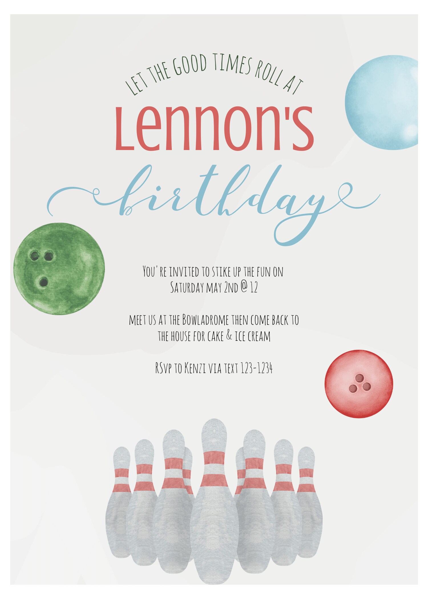 Bowling Birthday Party Invite Kids Bowling Party Invitation Editable ...