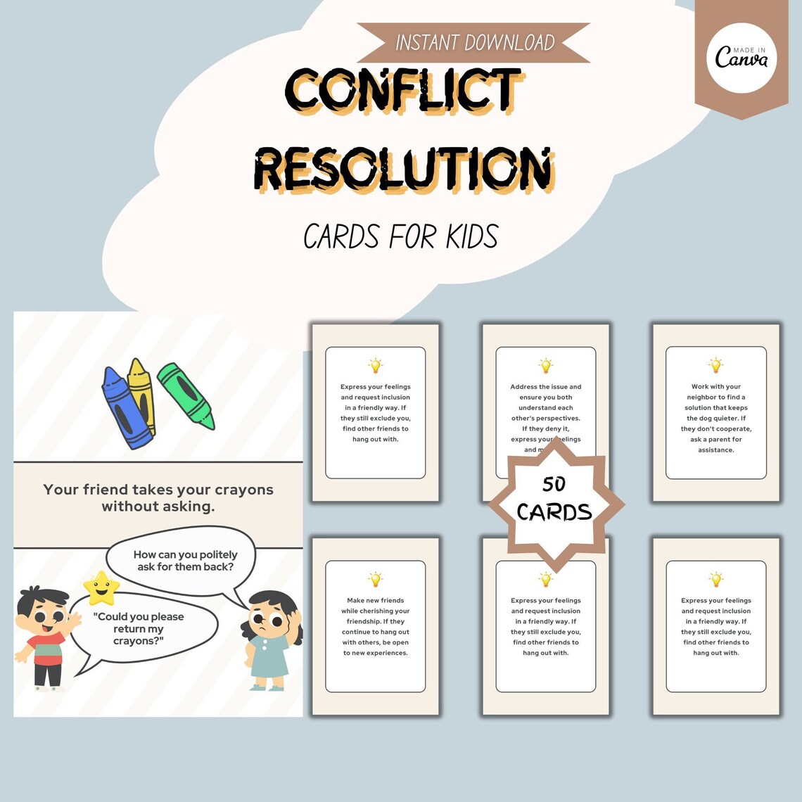 Editable Conflict Resolution Skills Cards for Kids Template,conflict ...