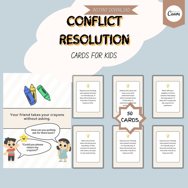 Editable Conflict Resolution Skills Cards for Kids Template,conflict ...