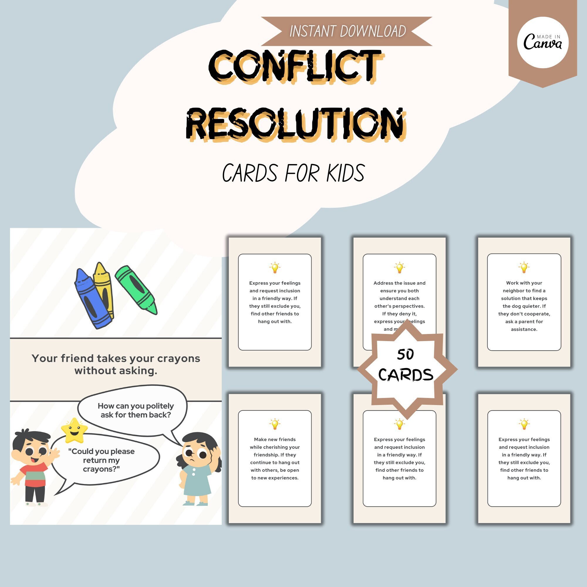 Editable Conflict Resolution Skills Cards for Kids Template,conflict ...