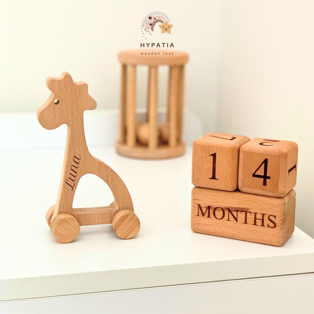 Wooden Milestone Blocks & Montessori Giraffe Toy | Personalized Newborn ...
