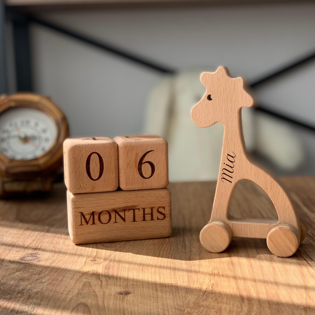 Personalized Beech Wood Giraffe Toy & Natural Baby Milestone Blocks ...