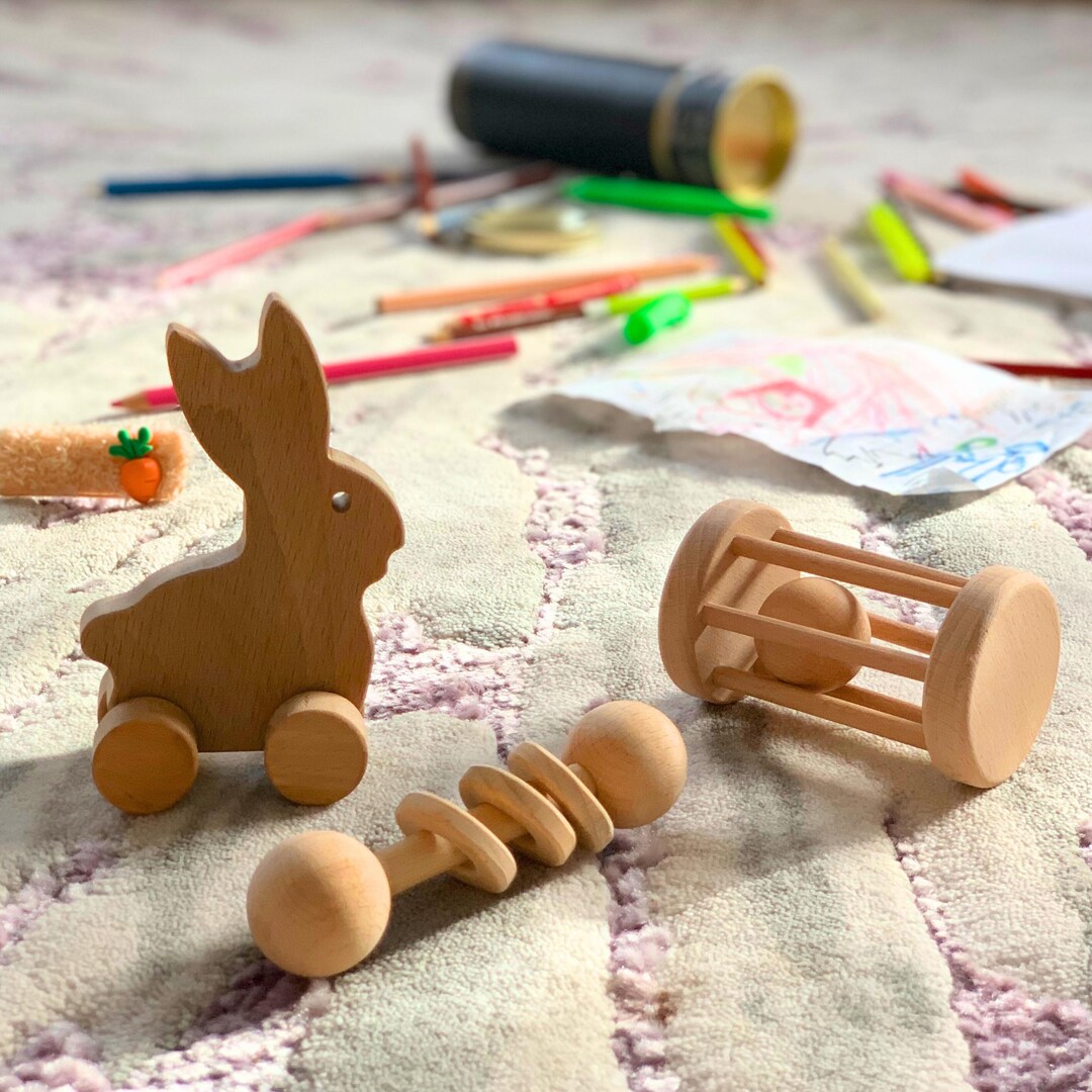 Montessori Rod Ball & Cylinder Rolling Rattles Wooden Rabbit Toy ...