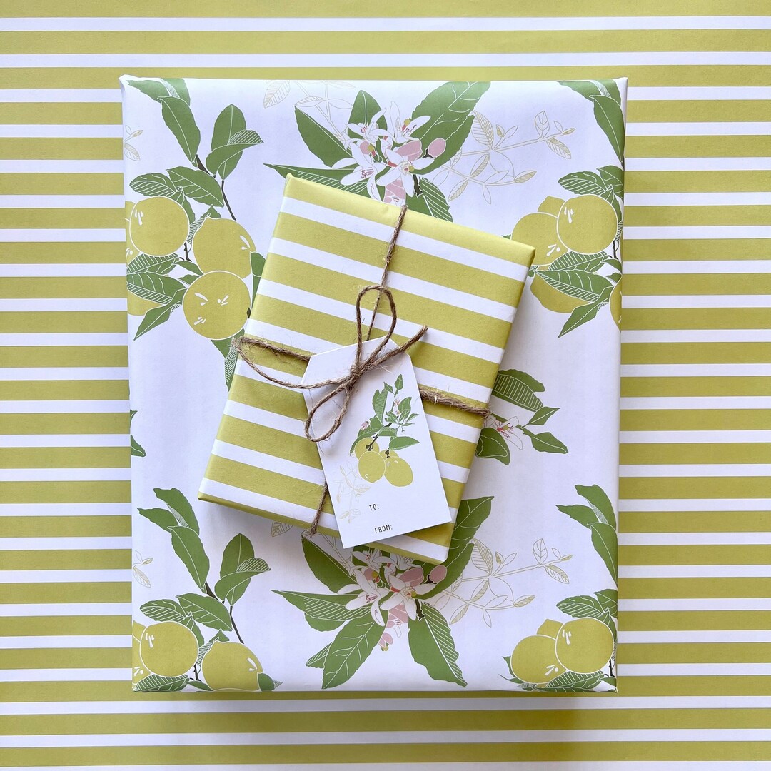 Reversible Wrapping Paper: Lemon Print & Stripe, Double Sided Gift Wrap ...
