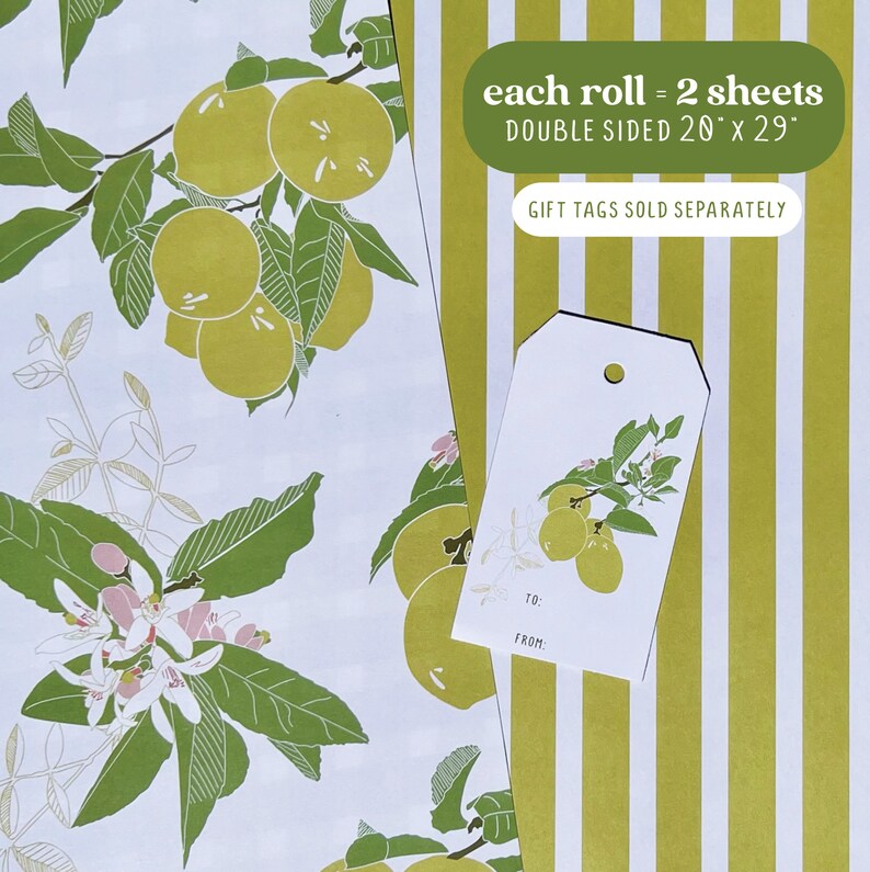 Reversible Wrapping Paper: Lemon Print & Stripe, Double Sided Gift Wrap ...