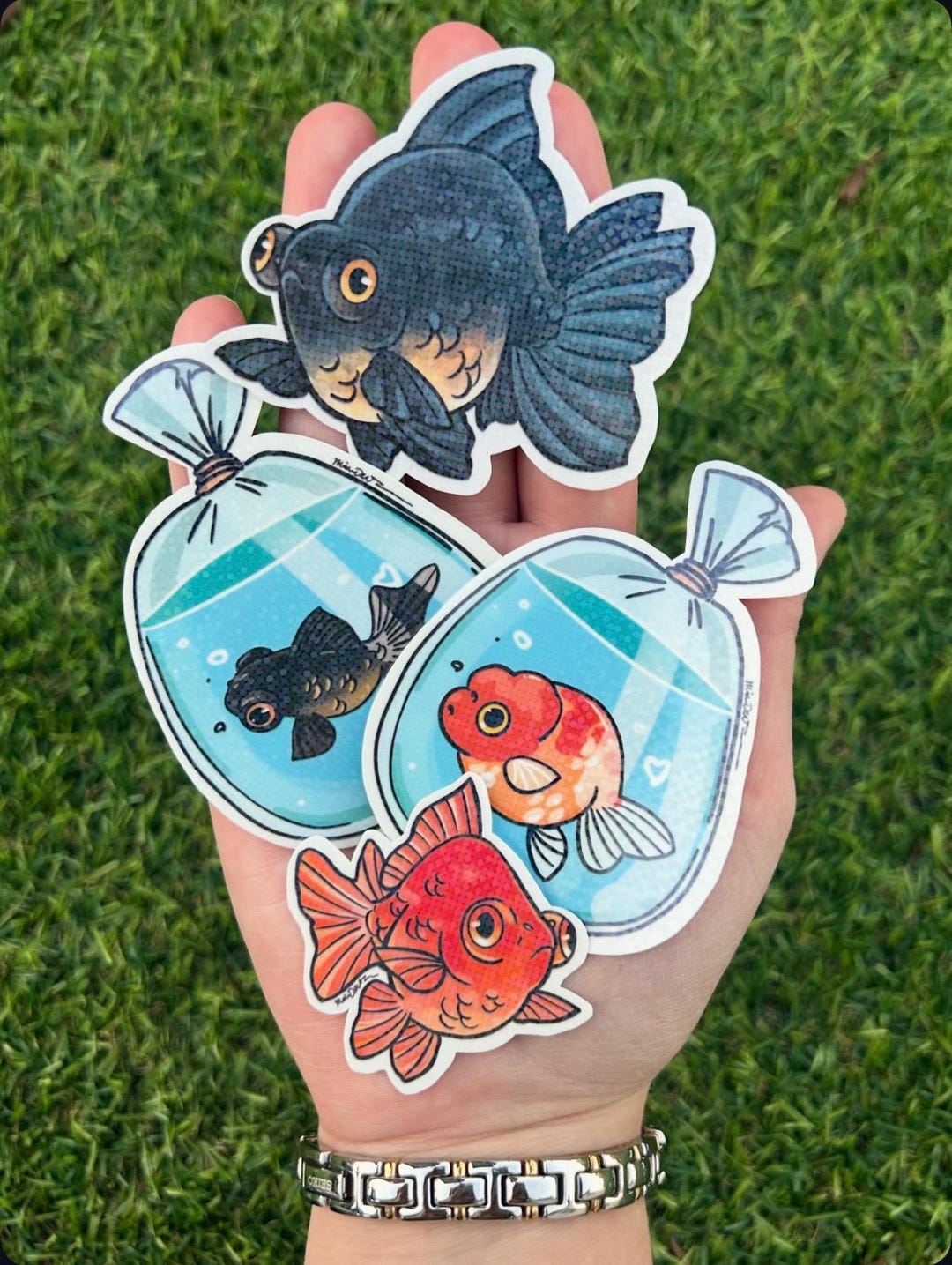 Goldfish Sticker Pack of 4, Holographic Waterproof Vinyl, Hand Drawn ...
