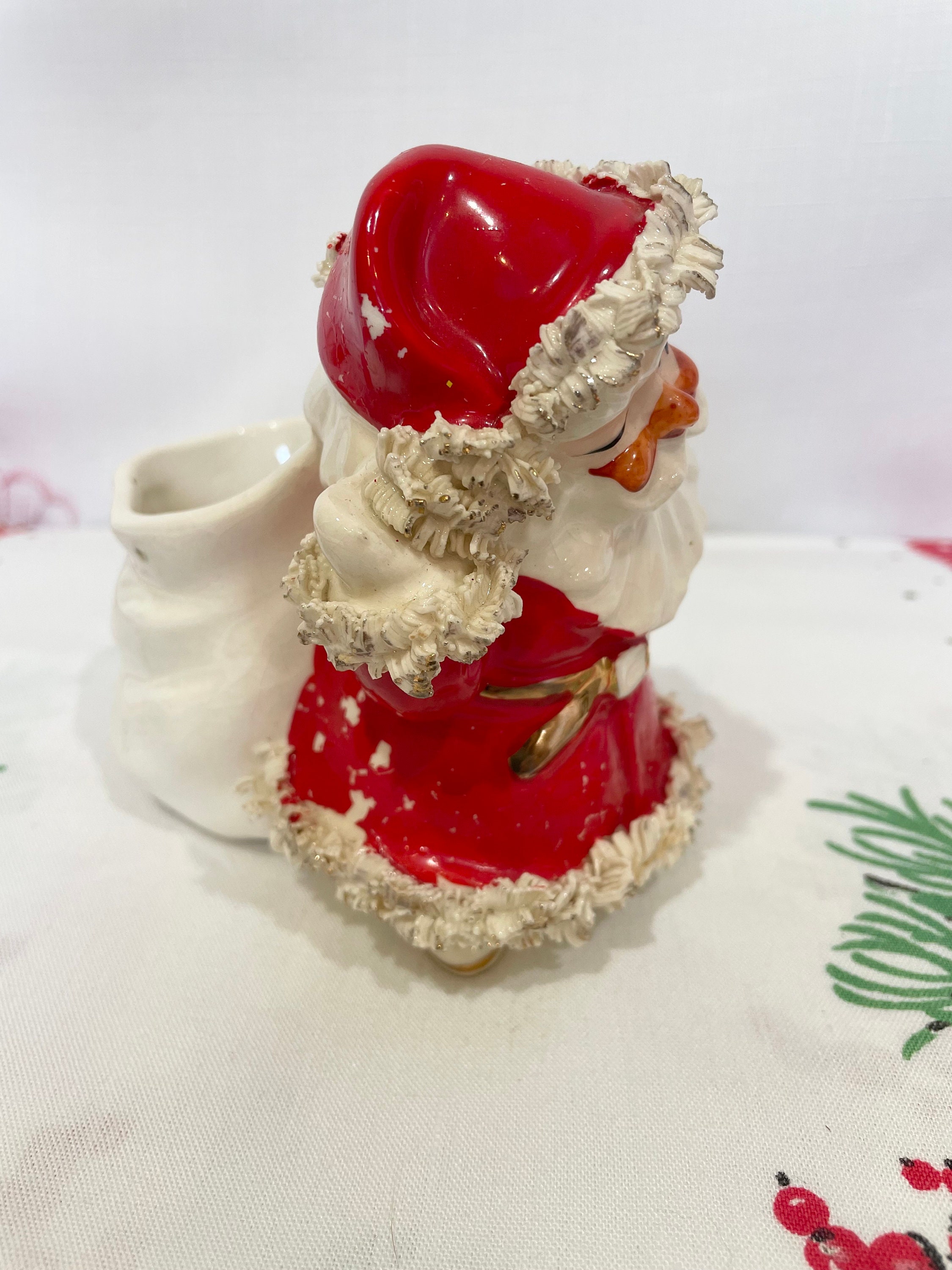 Lefton Santa Planter, Toothpick, Candy Cane Holder With Spaghetti Trim ...