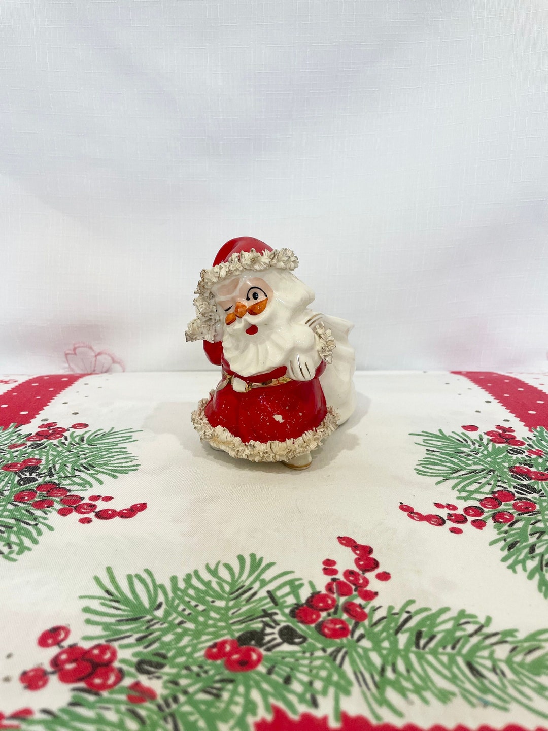 Lefton Santa Planter, Toothpick, Candy Cane Holder With Spaghetti Trim ...