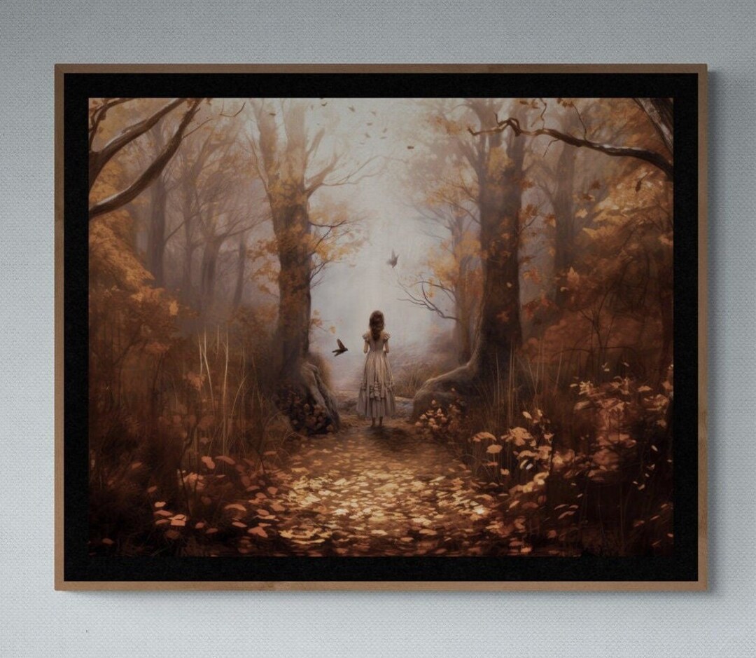 Autumn Stroll Printable Art, Alone Girl's Colorful Art Print, Vintage ...
