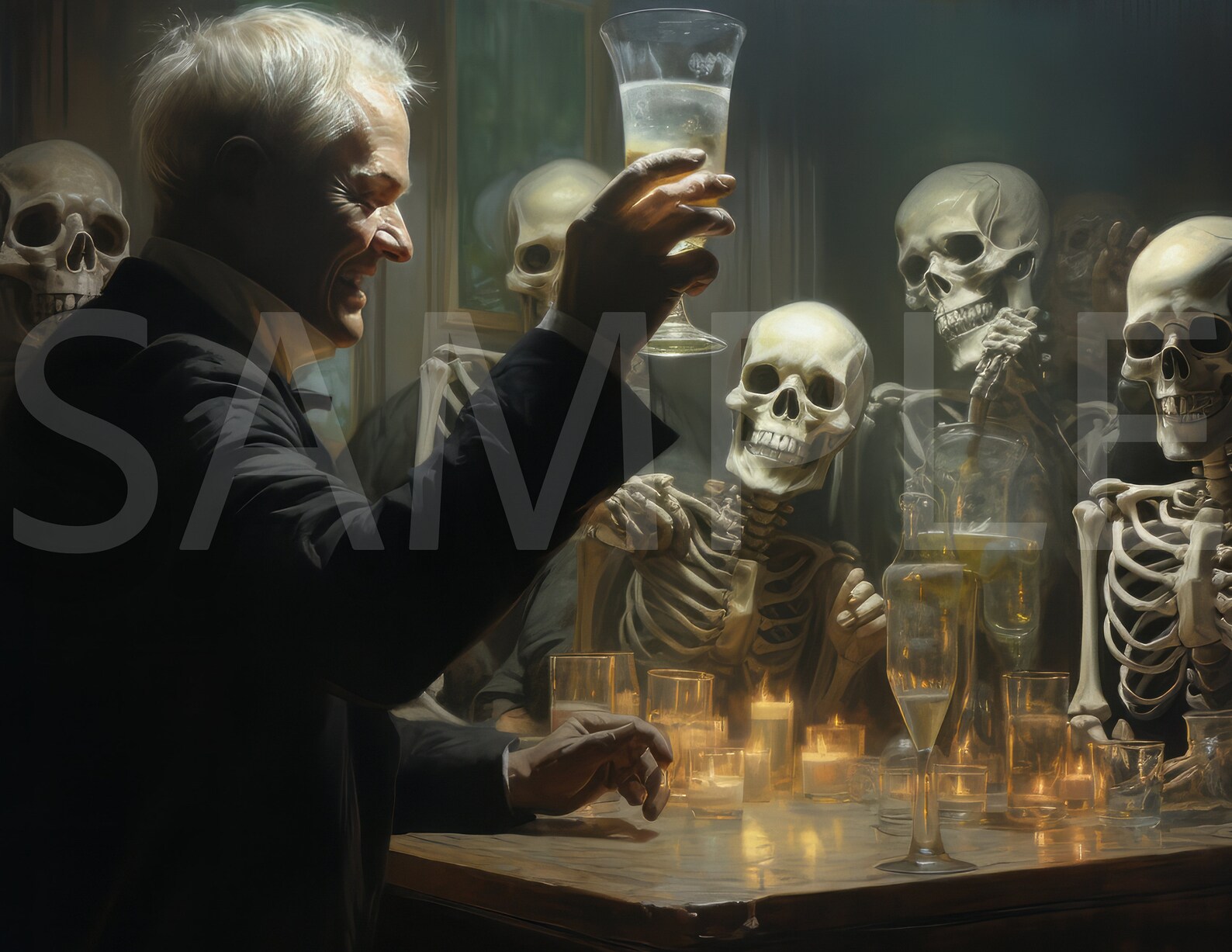 Skeleton Dinner Party Printable Art, Vintage Skeleton Art Print ...