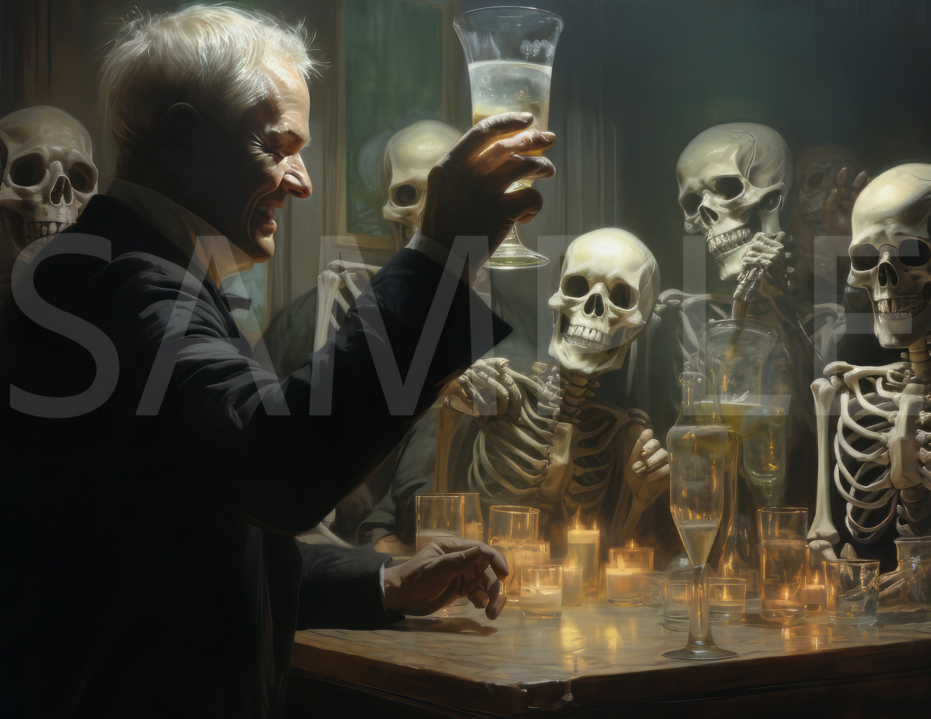 Skeleton Dinner Party Printable Art, Vintage Skeleton Art Print ...