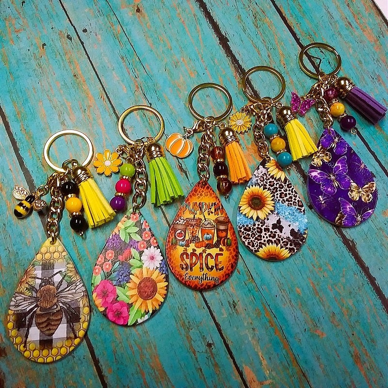 Wooden Teardrop Keychains W/detachable Charms, Bead Accents, Tassels ...