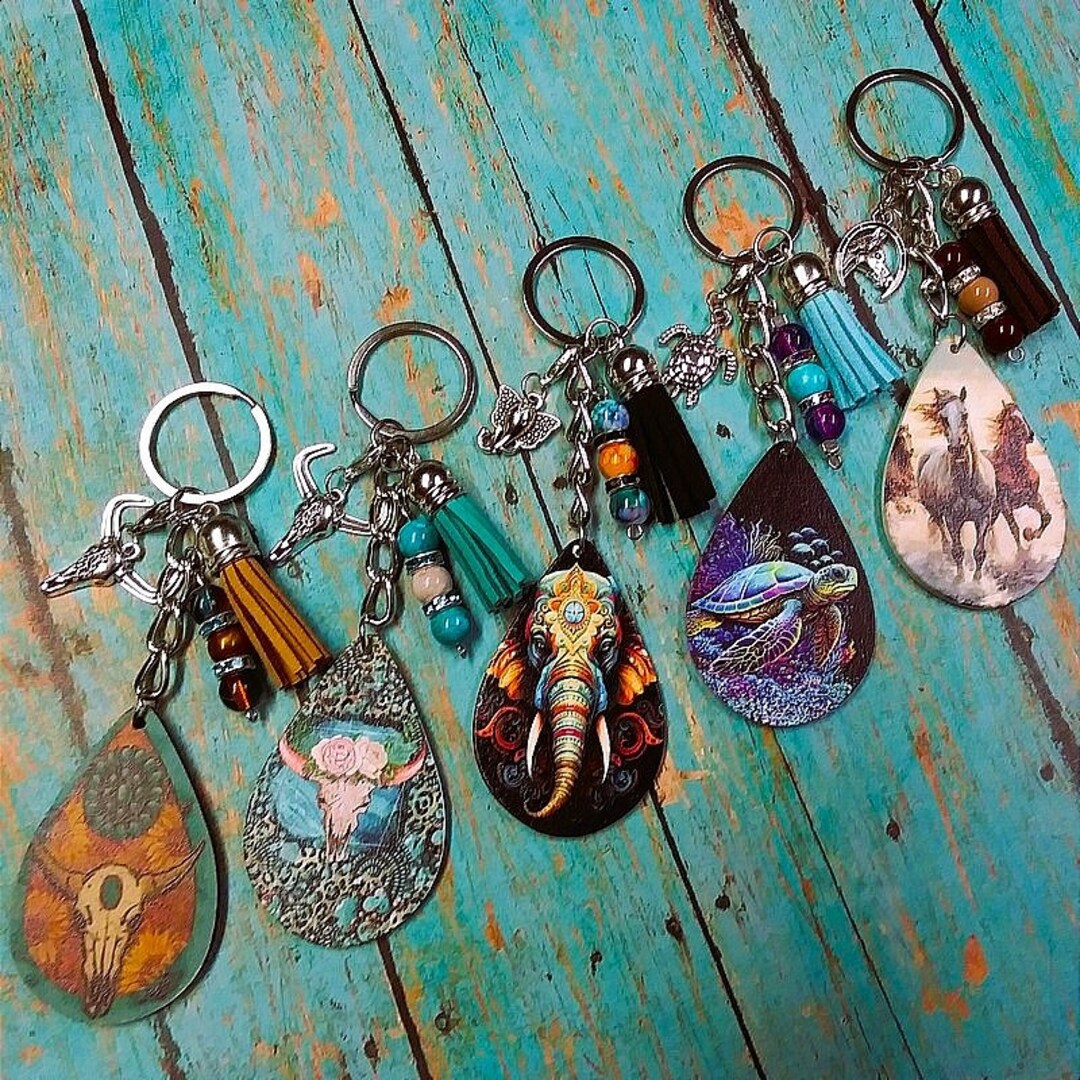 Wooden Teardrop Keychain W/detachable Charm, Bead Accents, Suede Tassel ...