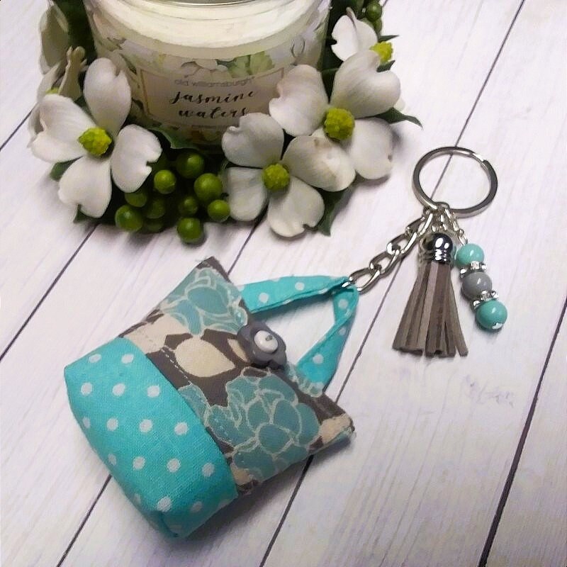 AQUA ROSES Mini Tote Bag Keychain, Split Keyring, Detachable Bead Charm ...