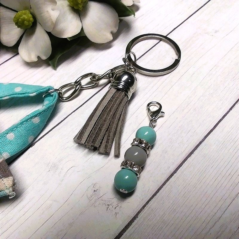 AQUA ROSES Mini Tote Bag Keychain, Split Keyring, Detachable Bead Charm ...