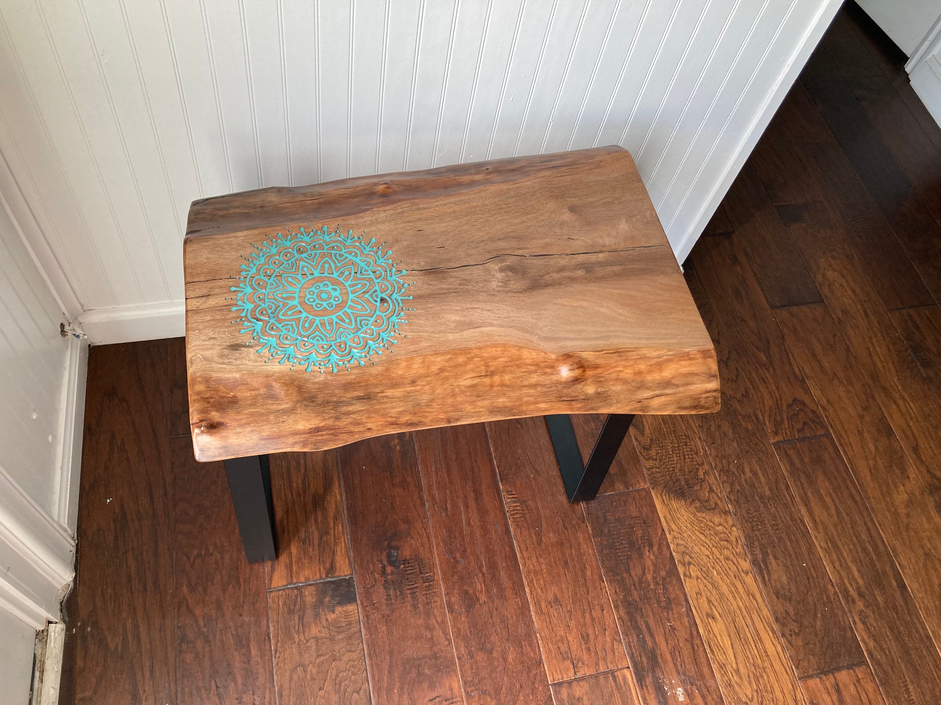Live Edge Walnut Entryway Bench mandala Inlay - Etsy