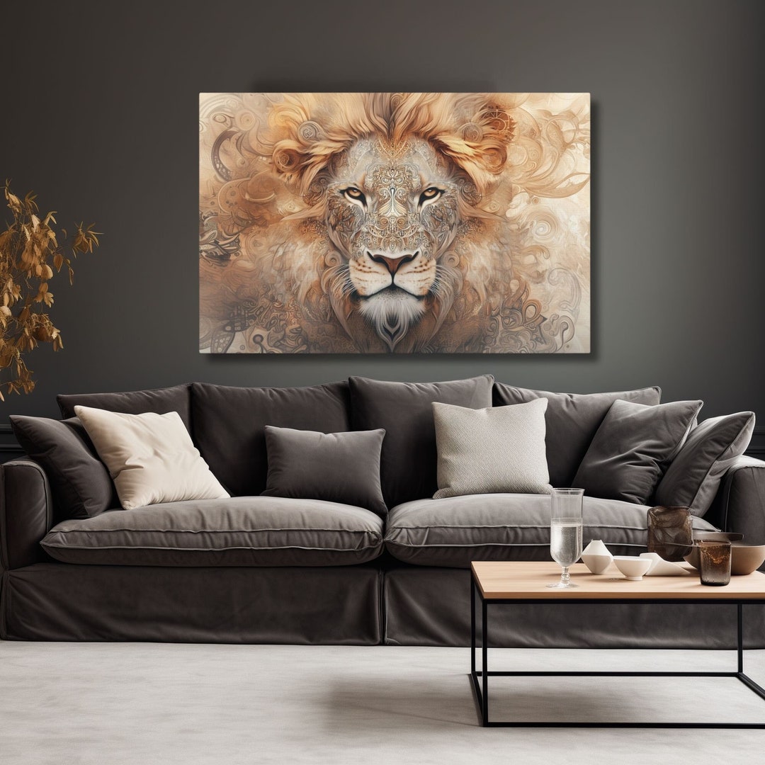 Boho Lion Head Wall Art Featuring a Front-facing Portrait With ...