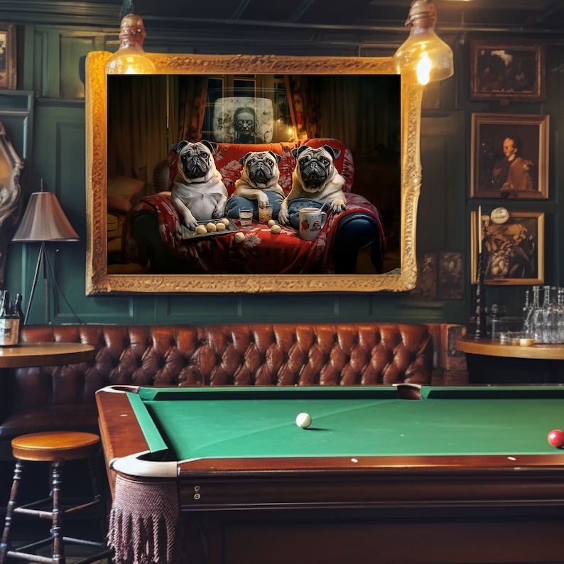 Pugs Movie Night Poster, Lazy Pug Trio Lounging on the Sofa Watching a ...