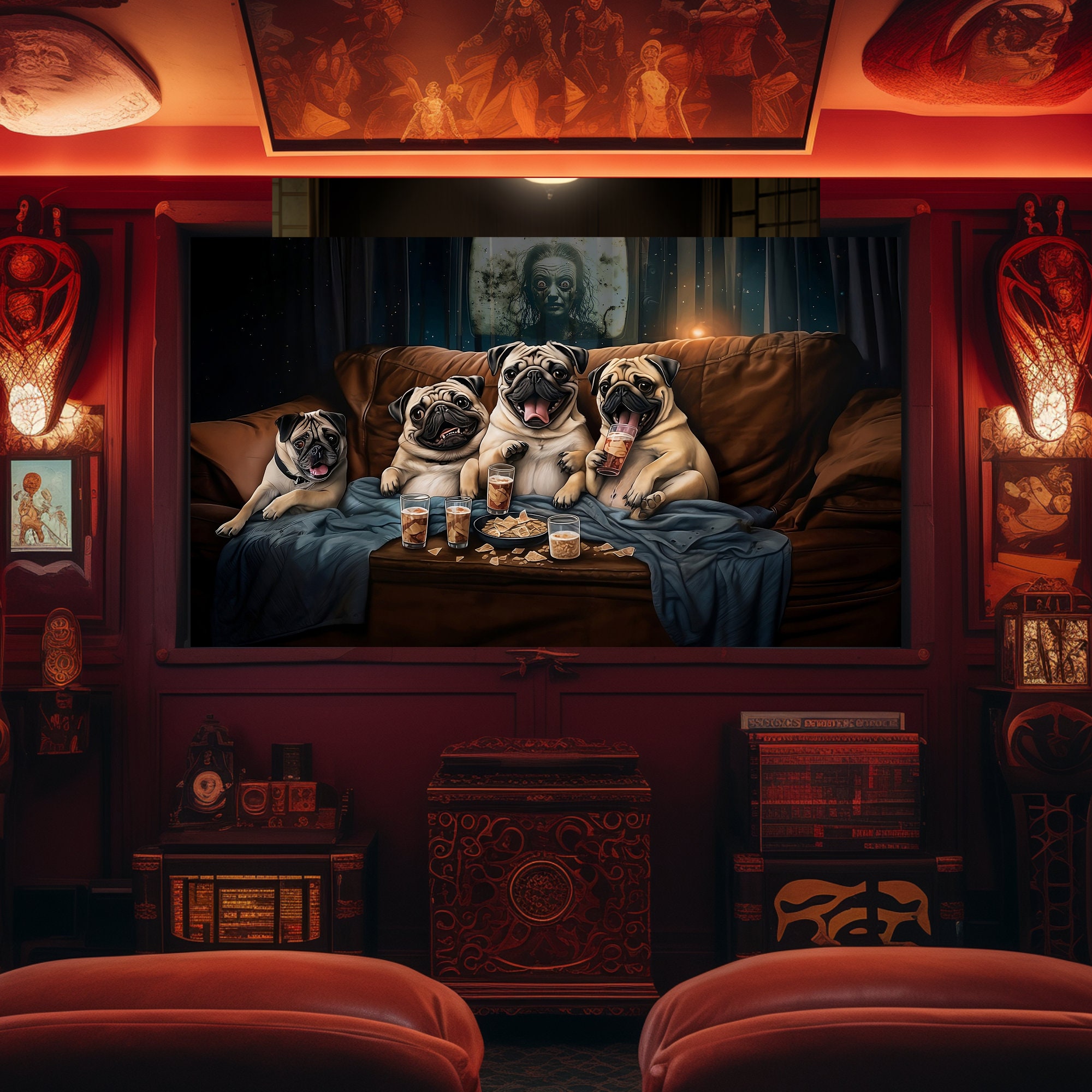 Pugs Horror Movie Night Digital Poster, Lazy Pugs Lounging on a Sofa ...