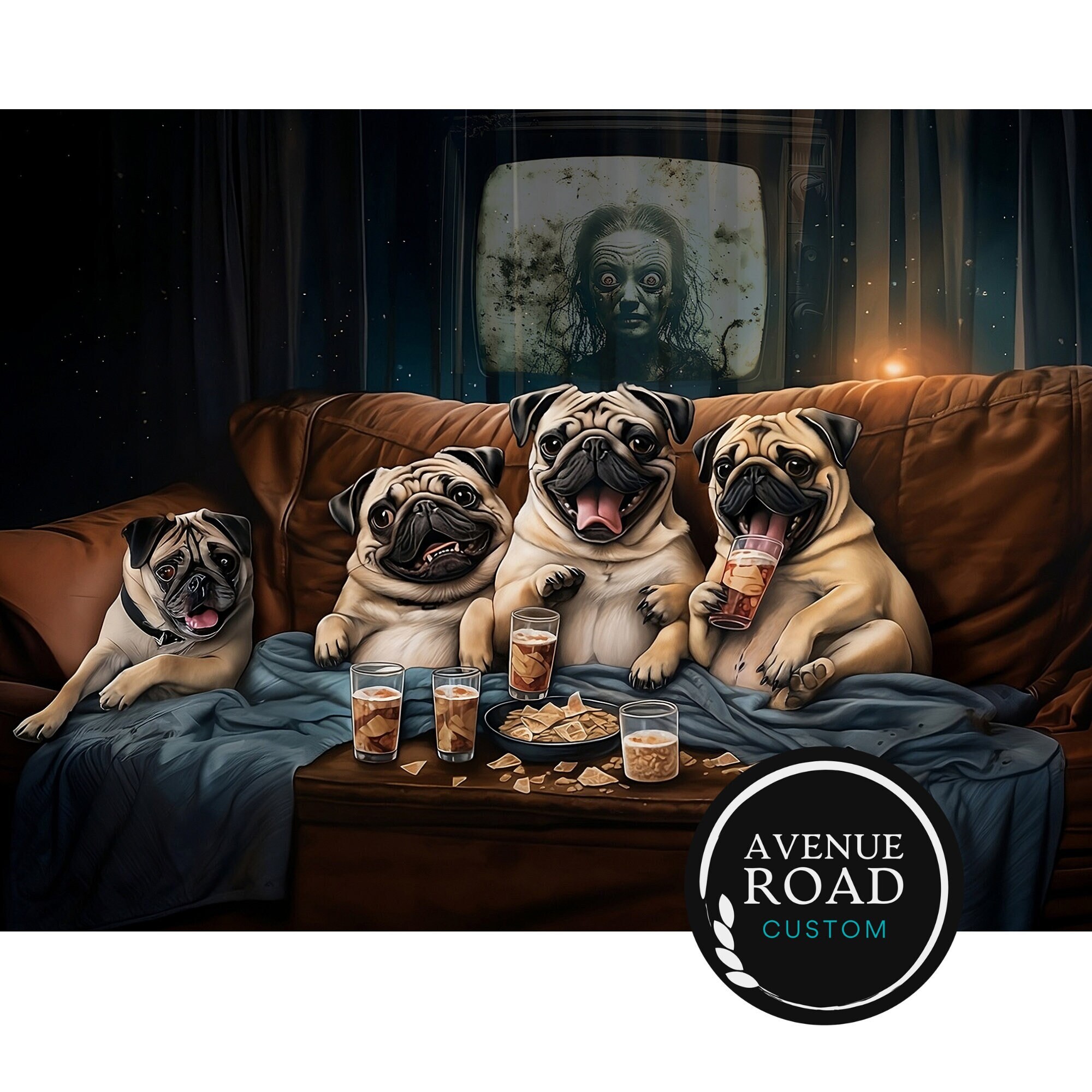 Pugs Horror Movie Night Digital Poster, Lazy Pugs Lounging on a Sofa ...