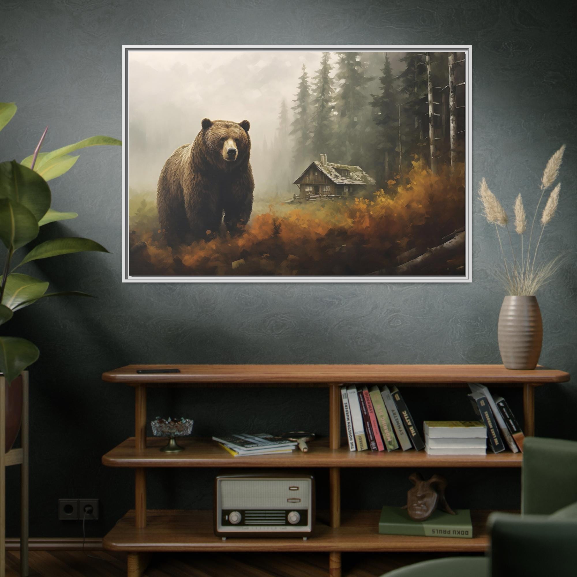 Grizzly Bear Canvas Art: Log Cabin Watercolor Nature-scape - Etsy