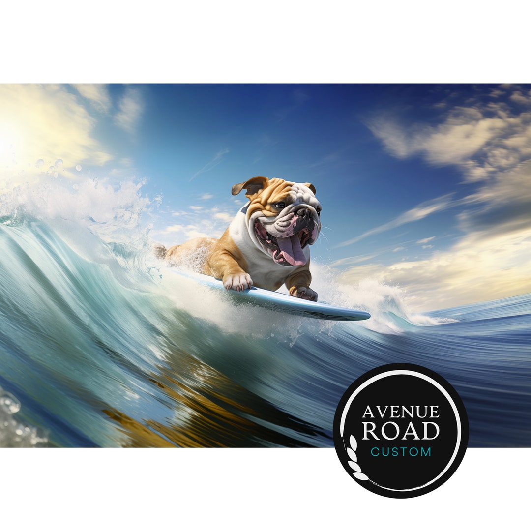 Surfing Bulldog Art Print: Joyful English Bulldog on Wave (digital ...