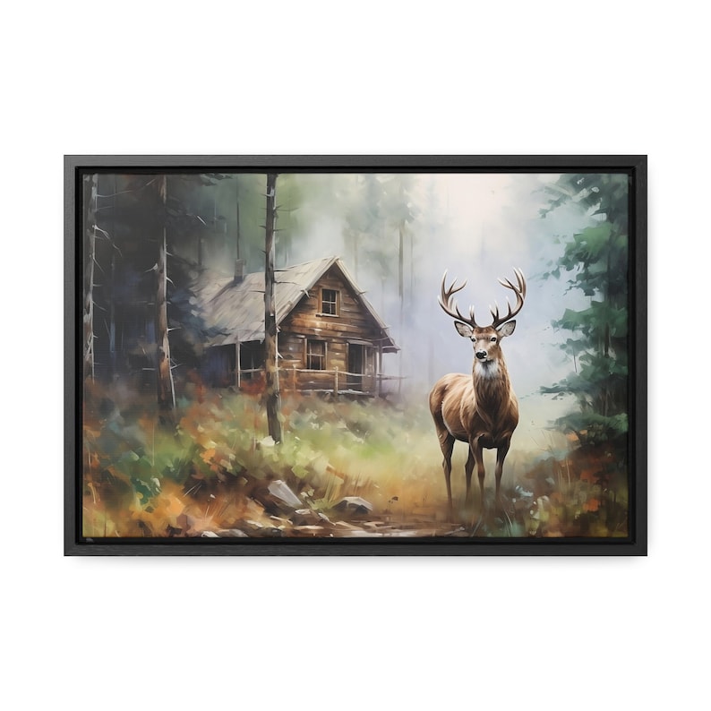 Majestic Stag Canvas Art: Riverside Log Cabin, Morning Mist - Etsy