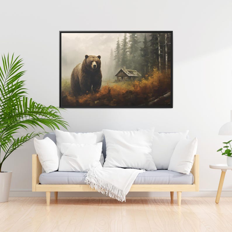 Grizzly Bear Canvas Art: Log Cabin Watercolor Nature-scape - Etsy