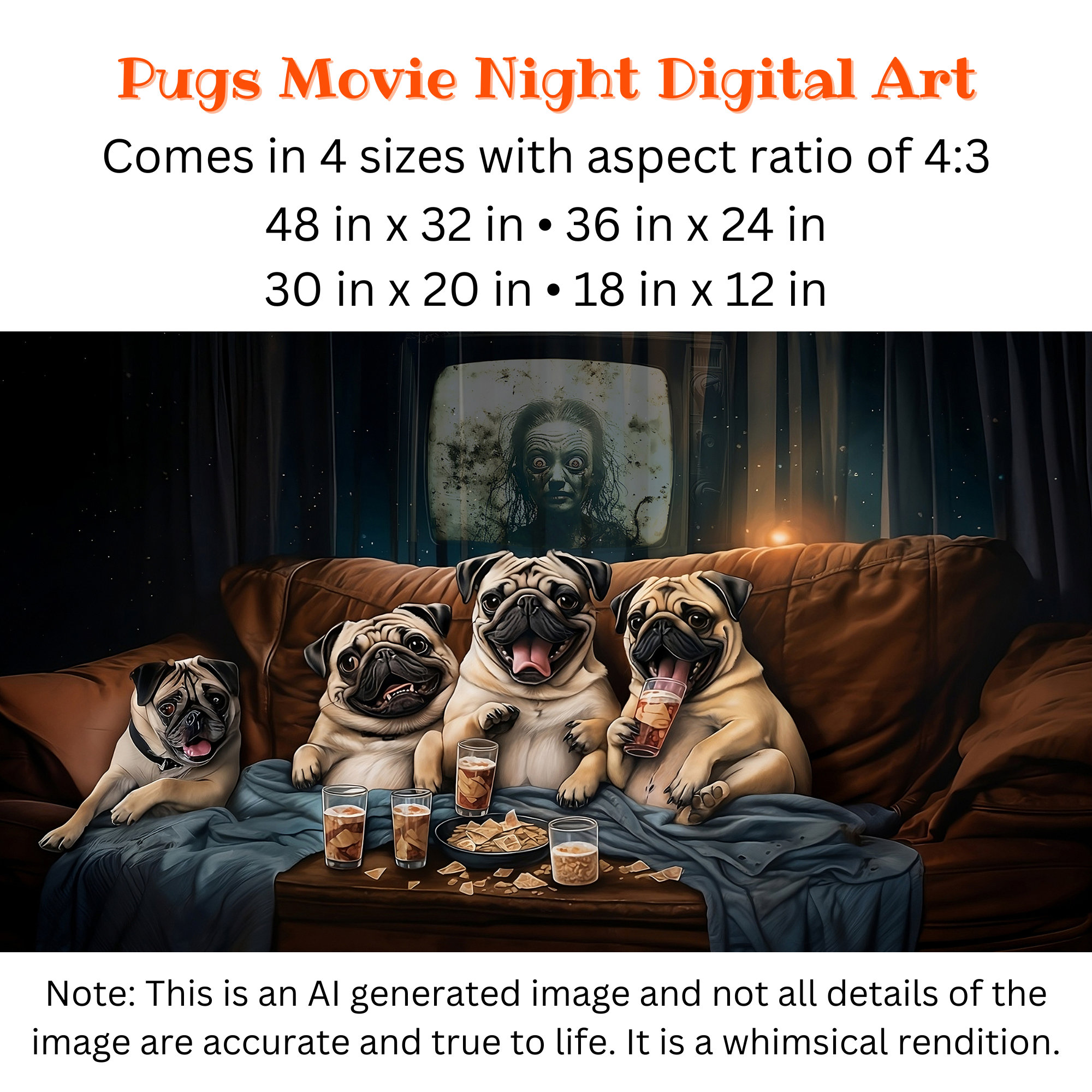 Pugs Horror Movie Night Digital Poster, Lazy Pugs Lounging on a Sofa ...