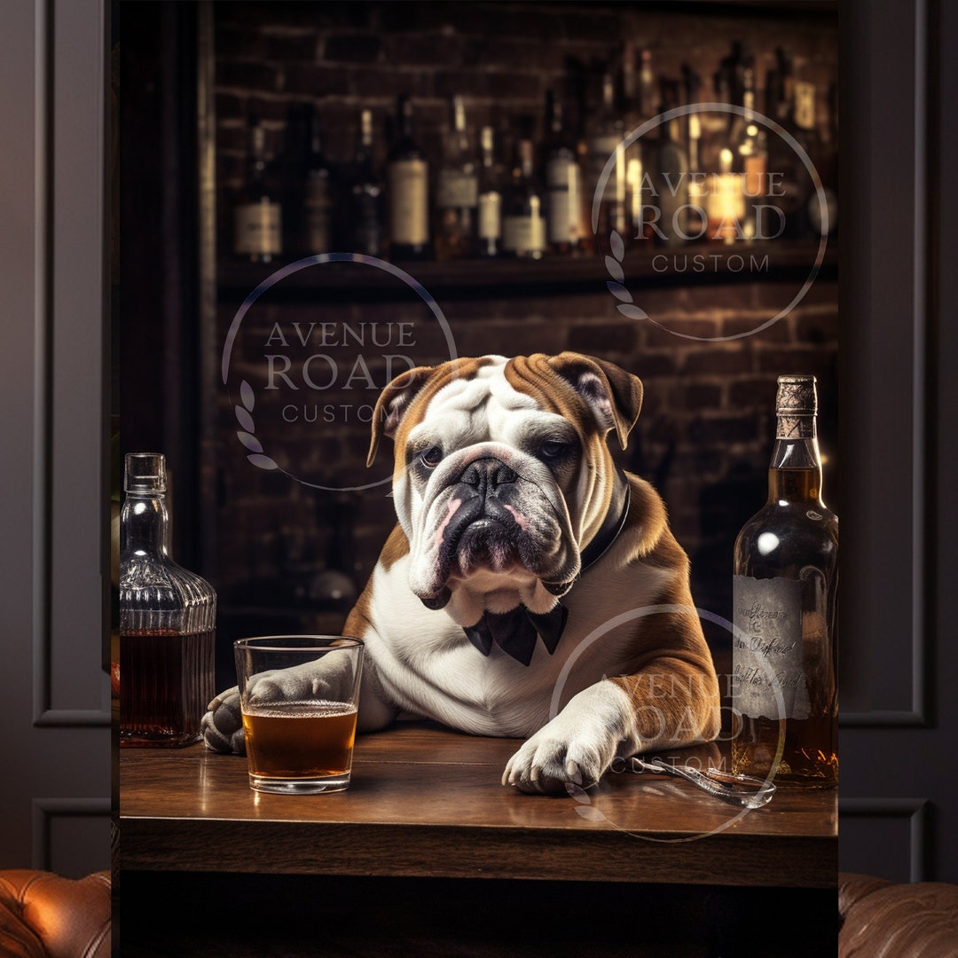English Bulldog, Whiskey Bulldog, Man Cave Art, Bar Decor, Veterinary Office Art, Whiskey Dog ...