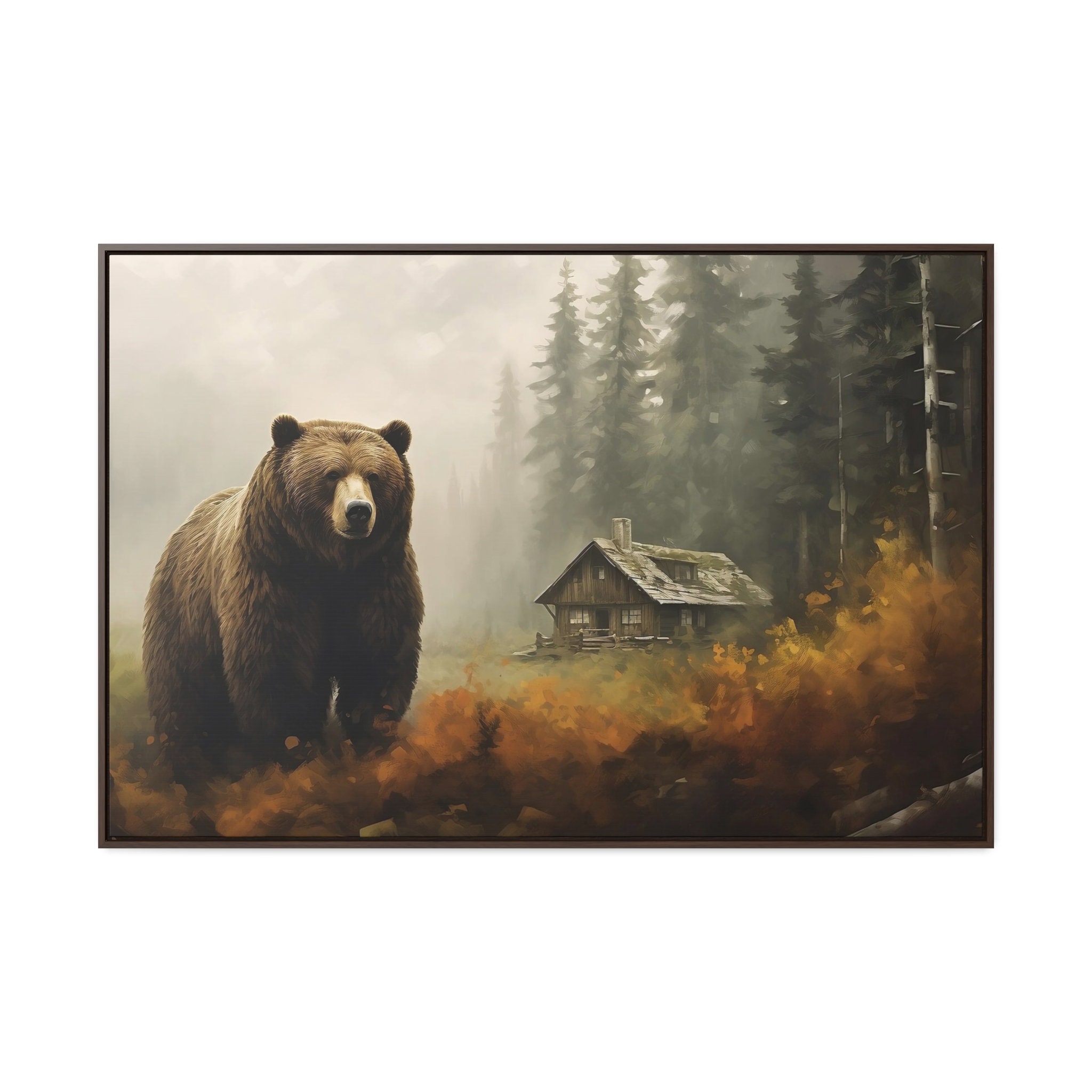 Grizzly Bear Canvas Art: Log Cabin Watercolor Nature-scape - Etsy