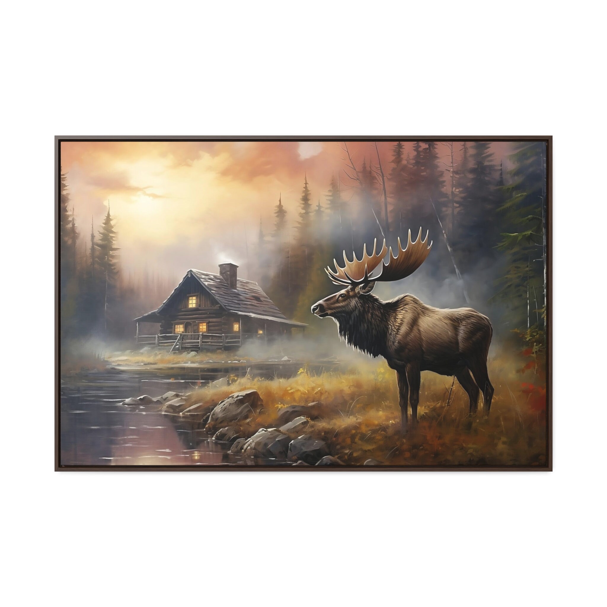 Moose Log Cabin Sunset Nature-scape Framed Canvas Wall Art, Play Room ...