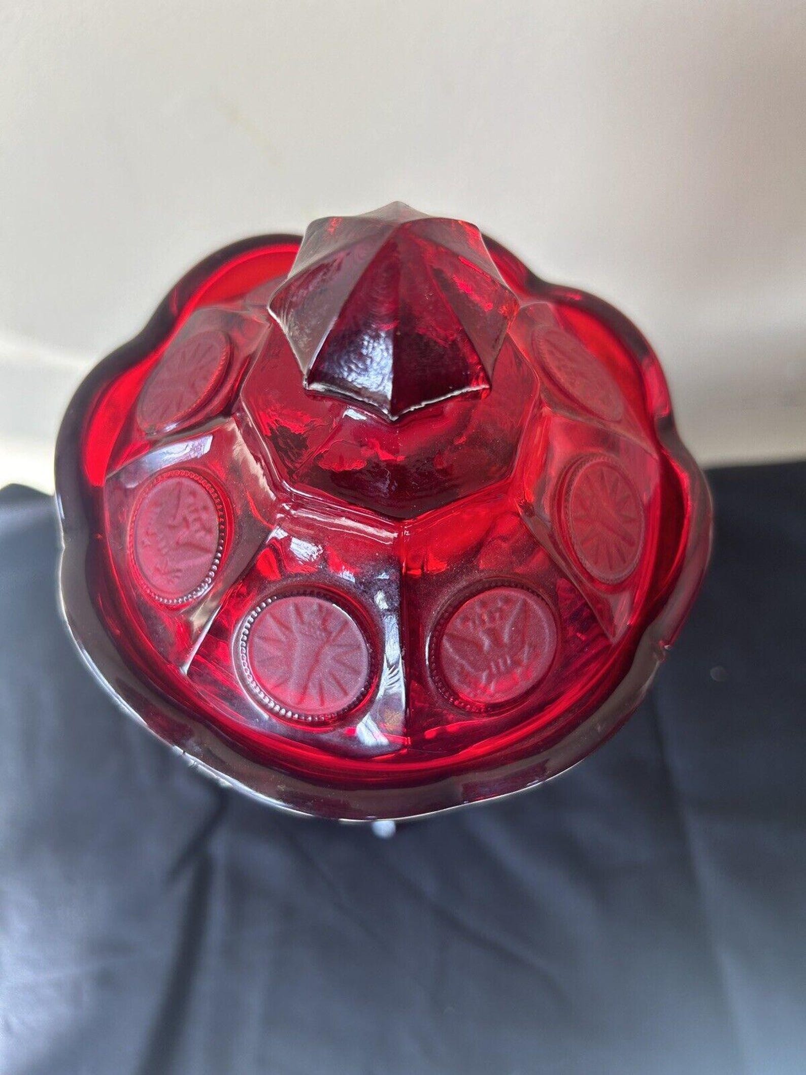 Ruby Red Vintage Fostoria Coin Glass 14” Covered Heavy Glass Candy Dish ...