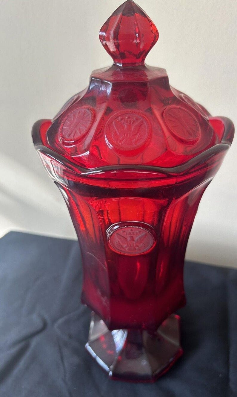 Ruby Red Vintage Fostoria Coin Glass 14” Covered Heavy Glass Candy Dish ...