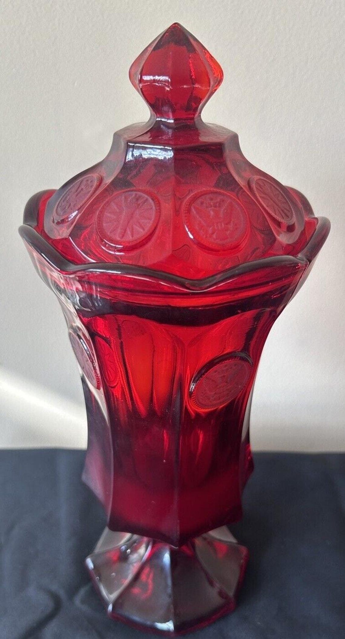 Ruby Red Vintage Fostoria Coin Glass 14” Covered Heavy Glass Candy Dish ...